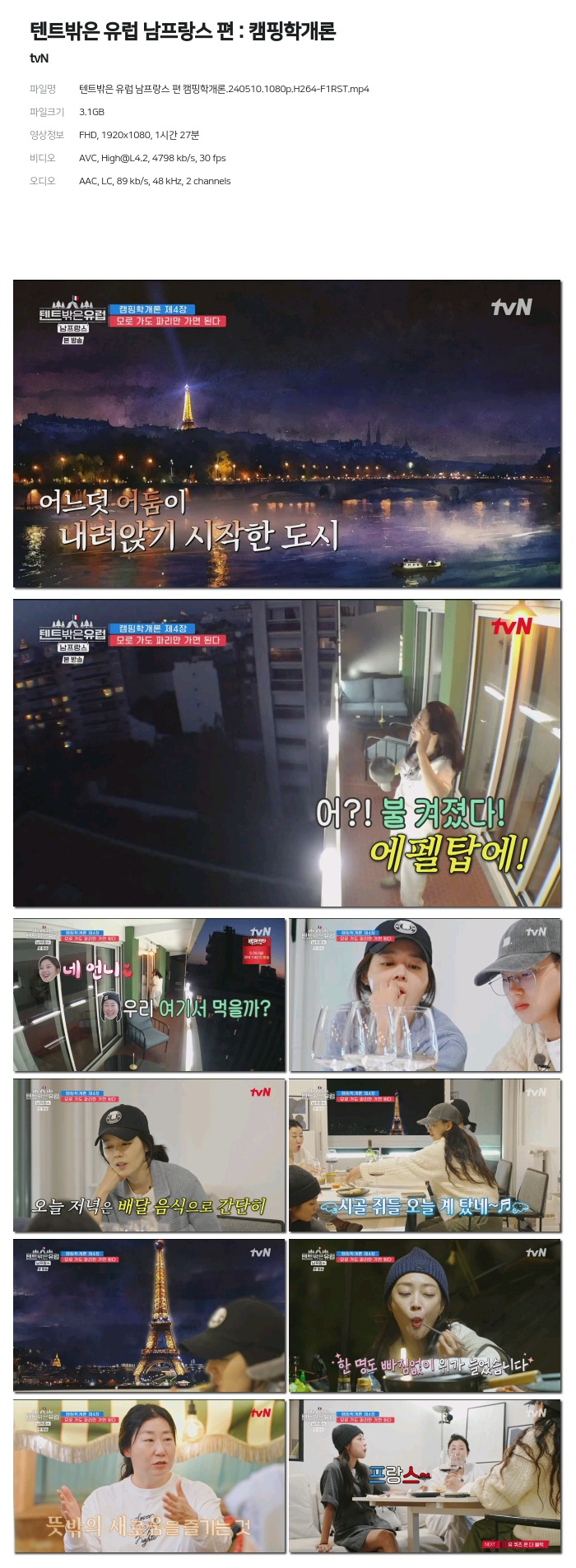 파일보고 - > 다운로드 > 텐트밖은 유럽 남프랑스 편 캠핑학개론.240510.1080p.H264-F1RST